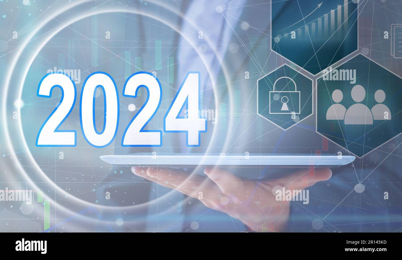 2024 calender year button on digital virtual screen blur background ...