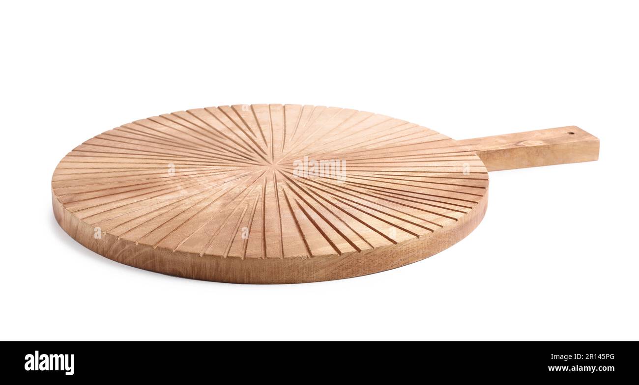 Round wooden cutting board isolated on white Stock Photo - Alamy