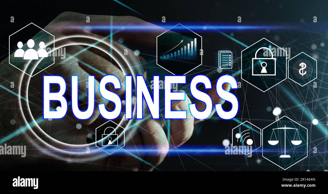 Business concept. Businessman pressing button on virtual screen Stock ...