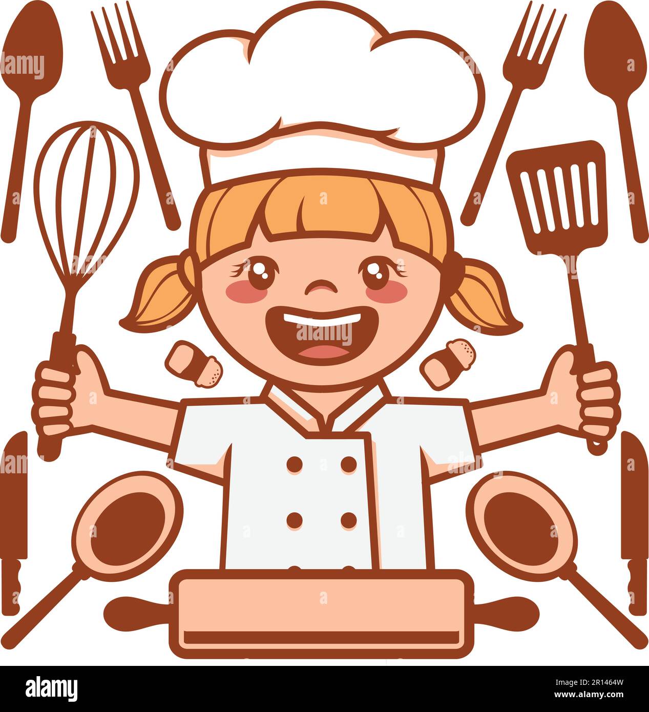 girl chef happy with kitchen tools suggest healthy food logo character ...