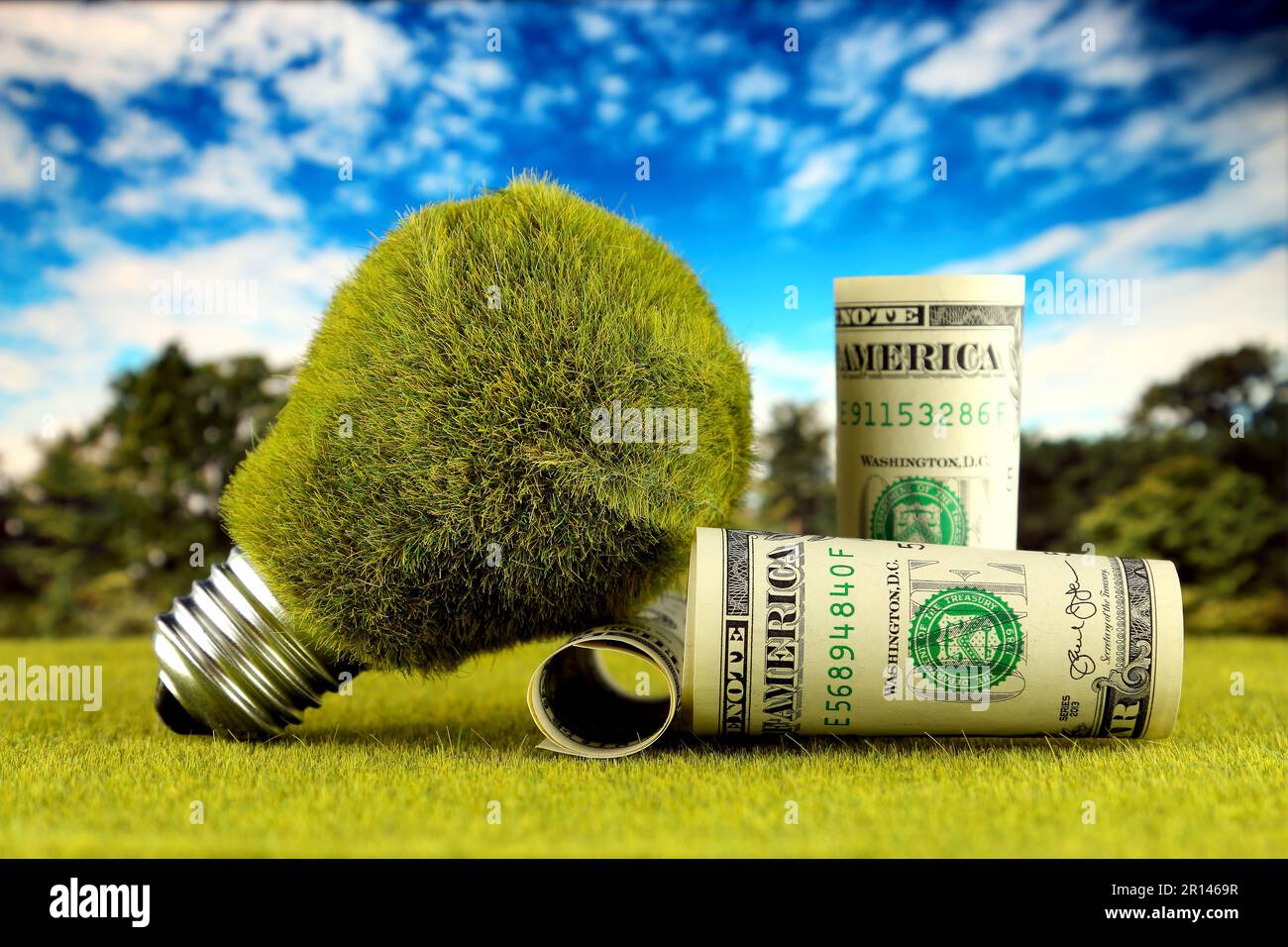 One dollar banknotes and green eco light bulb with grass and blue sky ...