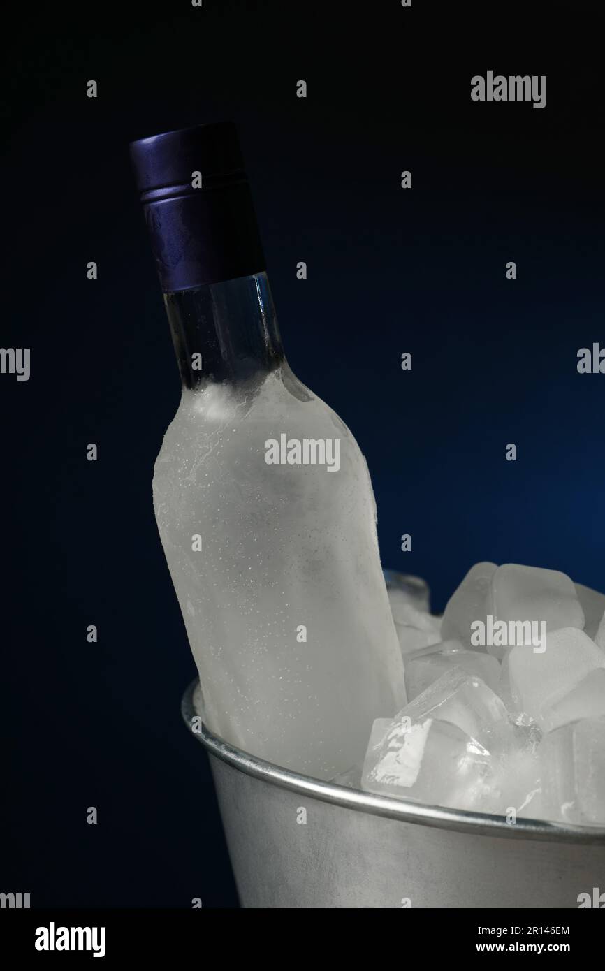 Bottle of vodka in metal bucket with ice on dark background Stock Photo ...