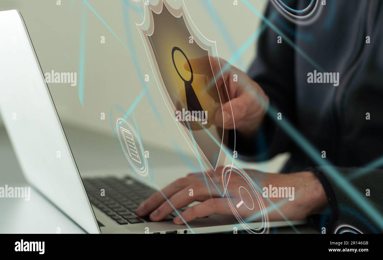 Cyber security concept, Person hand touching cyber security icon on ...