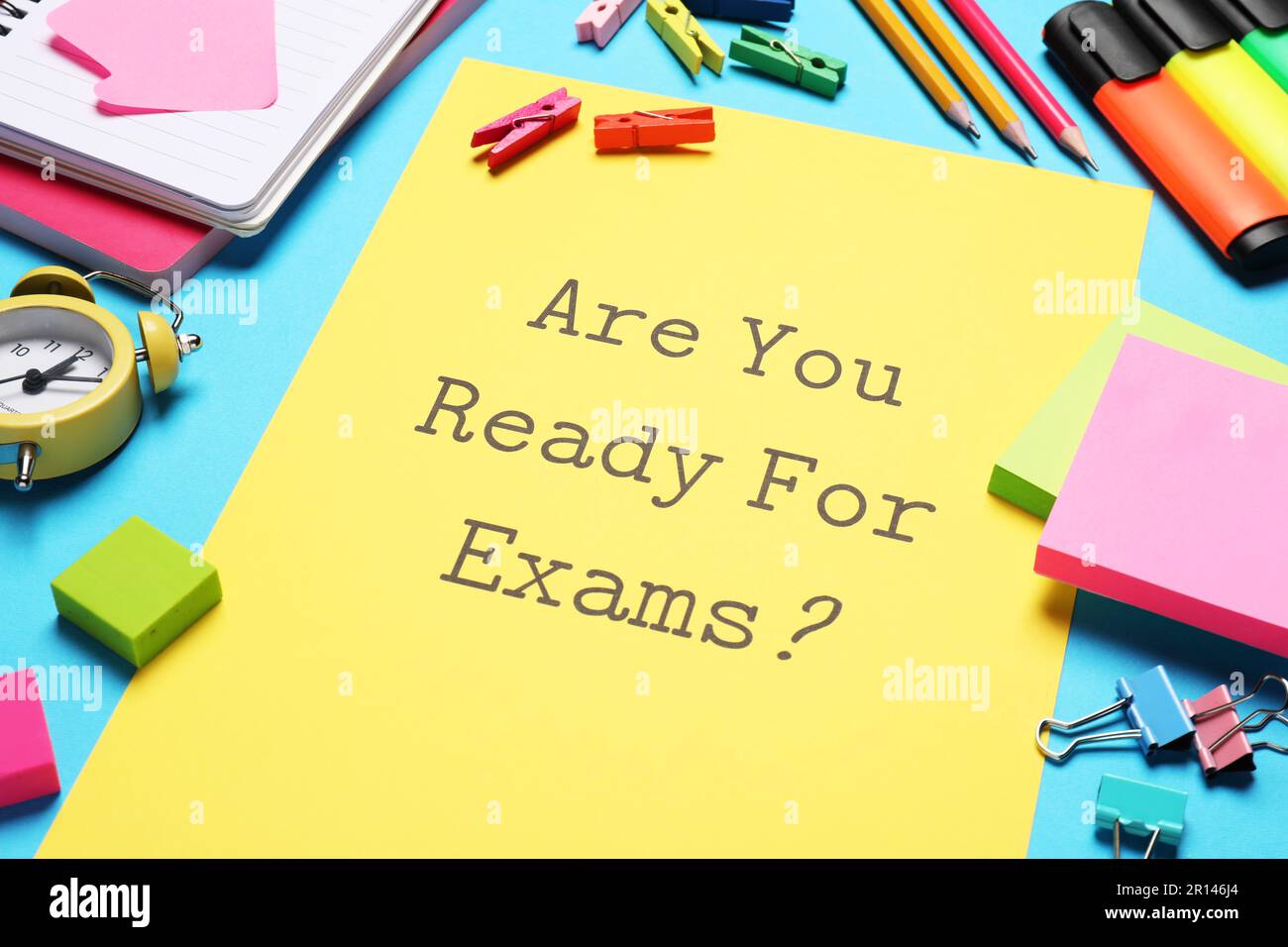 Yellow paper with question Are you ready for exams and stationery on ...
