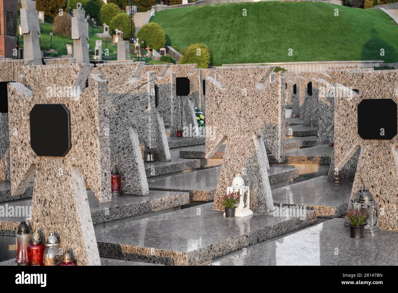 Many granite tombstones on cemetery. Funeral ceremony Stock Photo - Alamy
