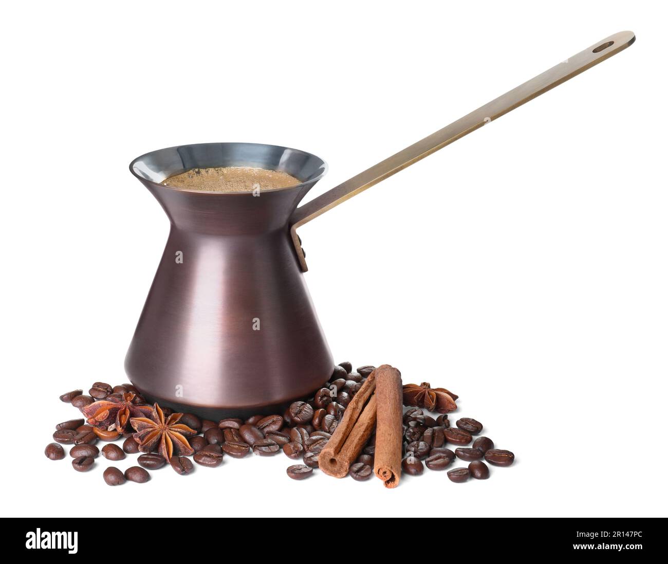 Hot turkish coffee pot, beans and spices on white background Stock ...