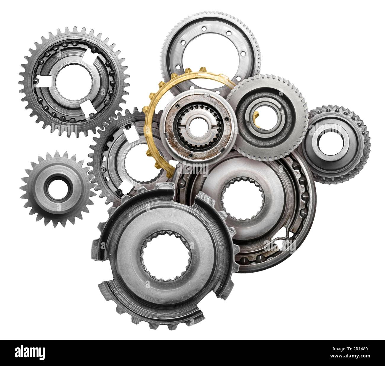 Set with different stainless steel gears on white background, top view ...