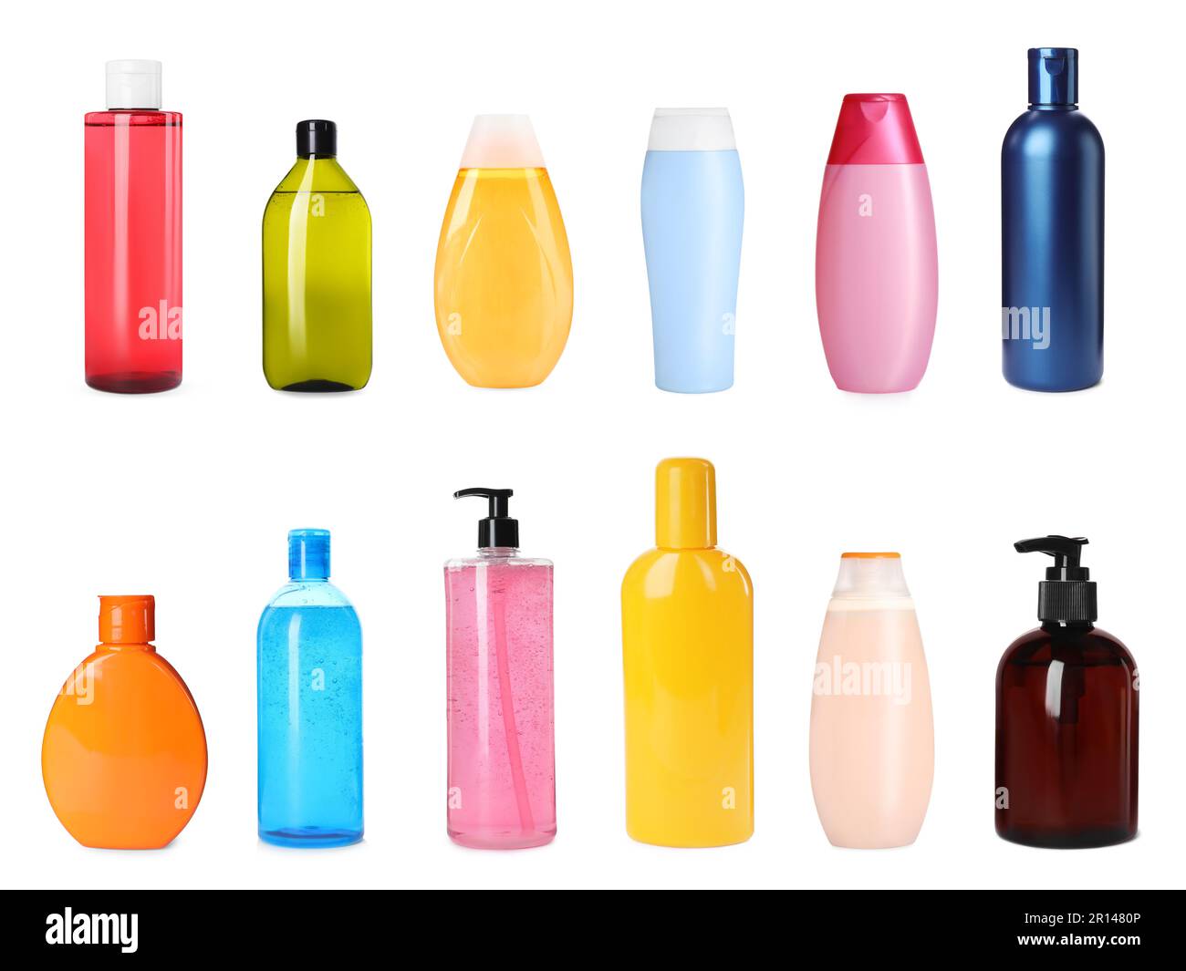 Set with different bottles of shampoo on white background. Banner ...