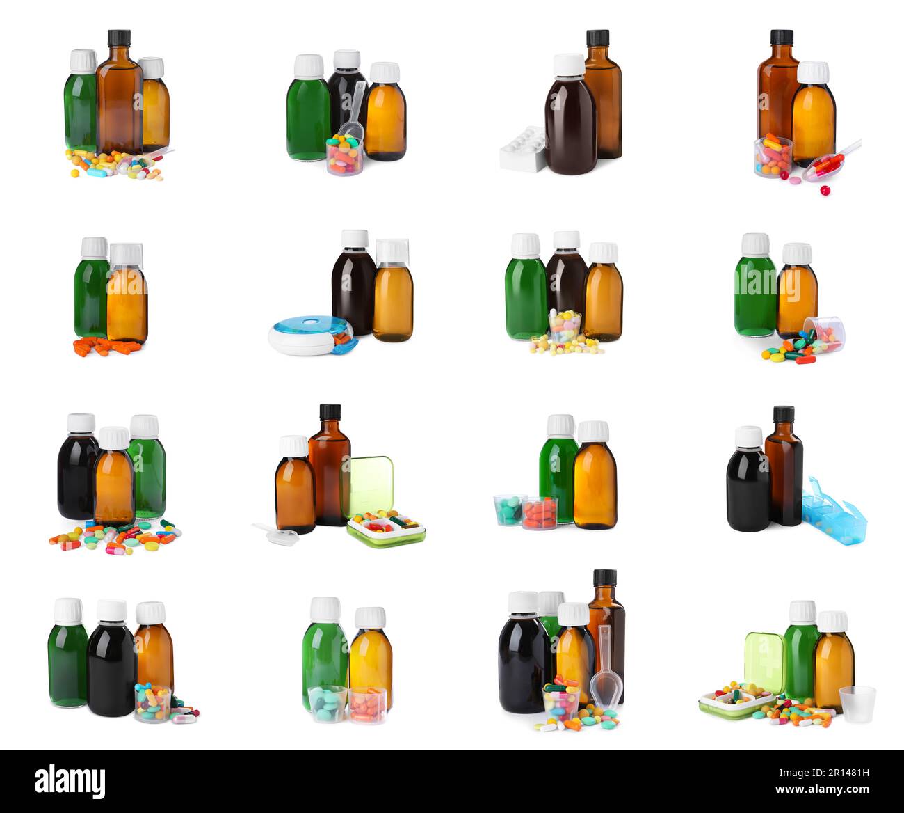 Set with bottles of cough syrup and pills on white background Stock ...