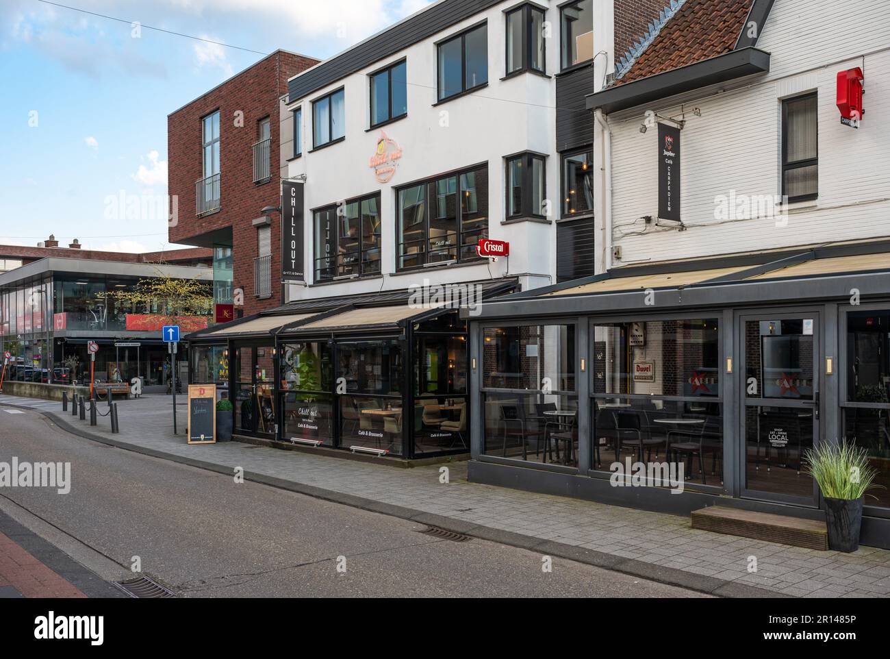 Tessenderlo, Limburg, Belgium - April 21, 2023 - Shops, restaurants and ...