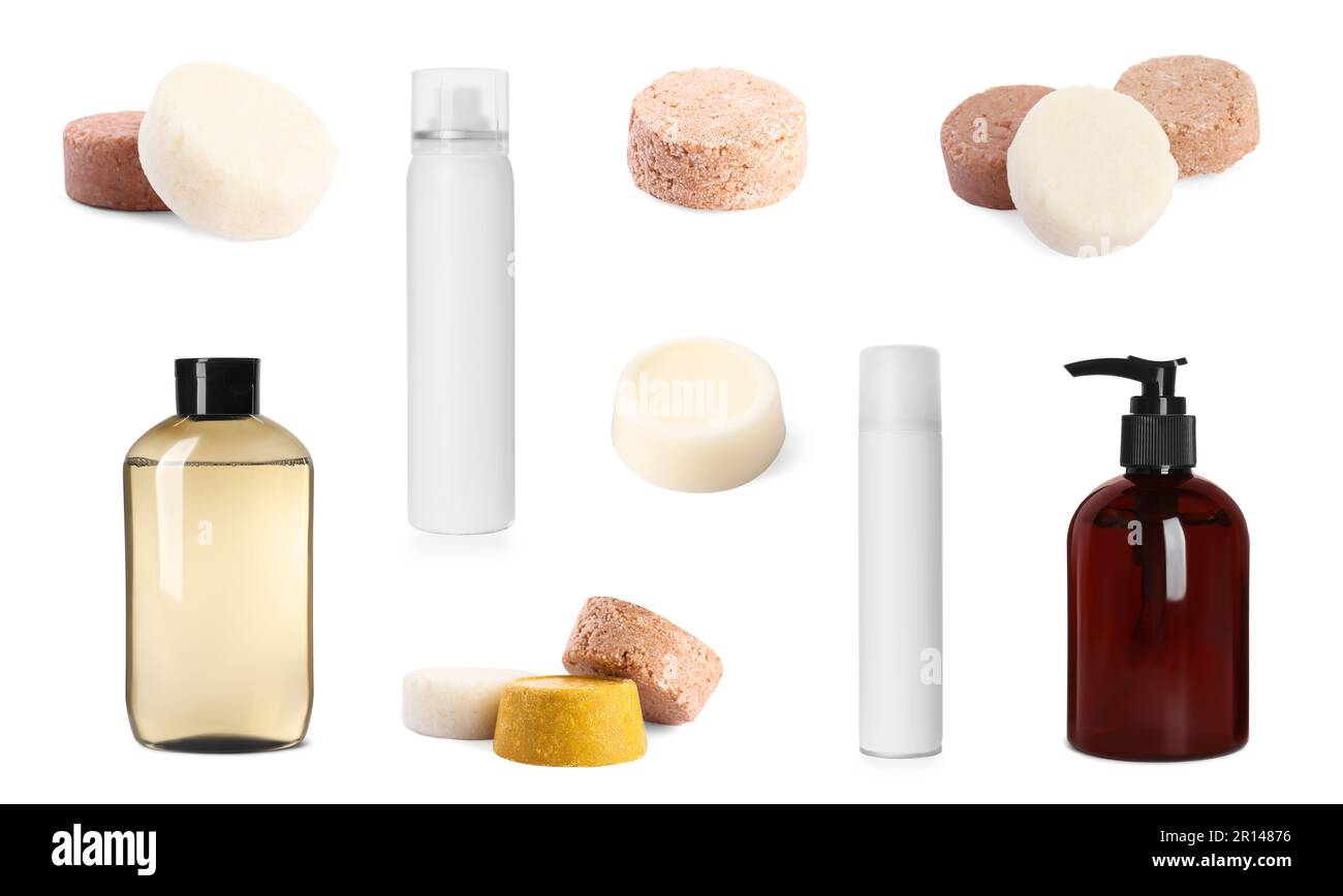 Set with different kinds of shampoo: ordinary, dry and solid on white ...