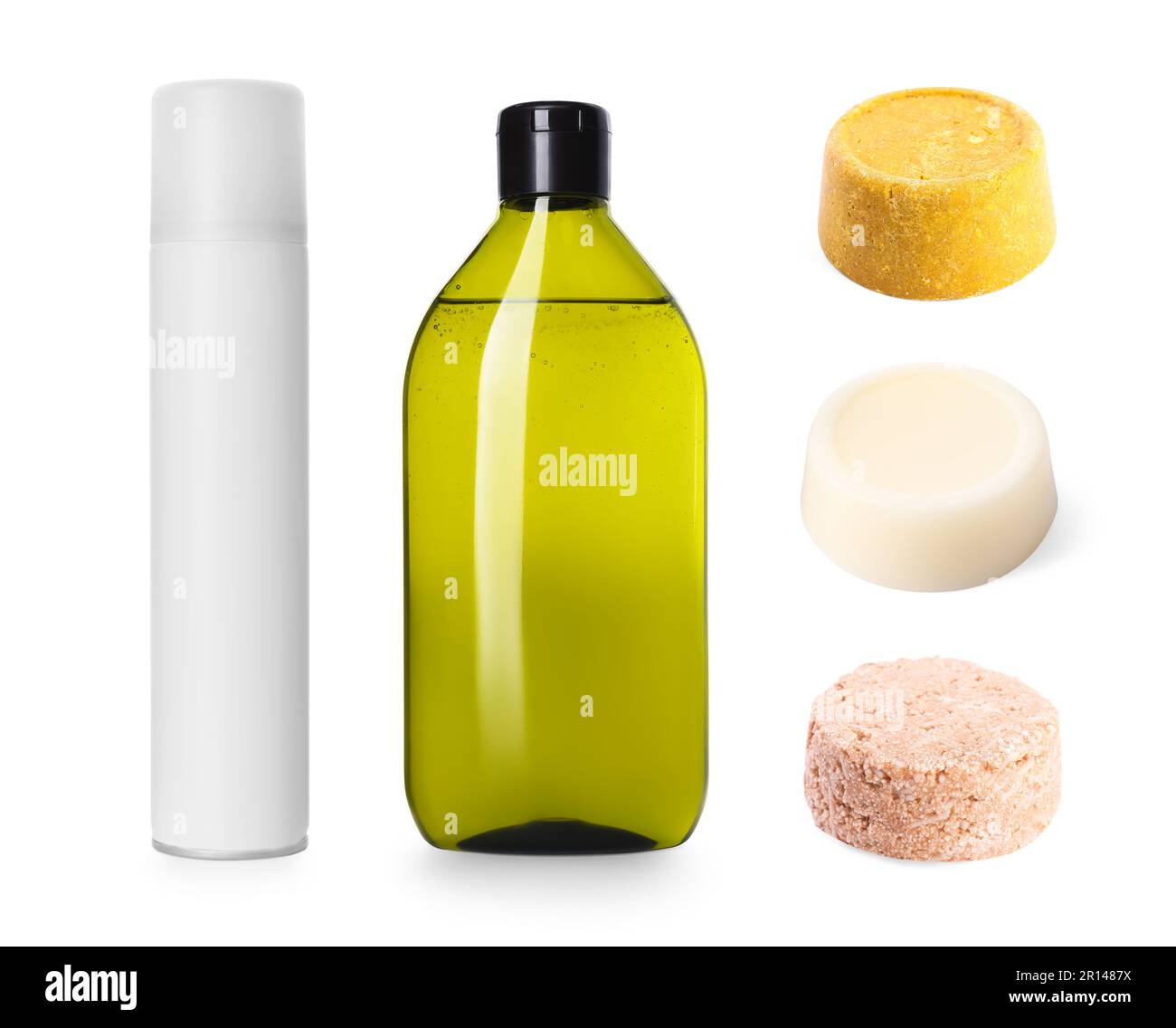 Set with different kinds of shampoo: ordinary, dry and solid on white ...