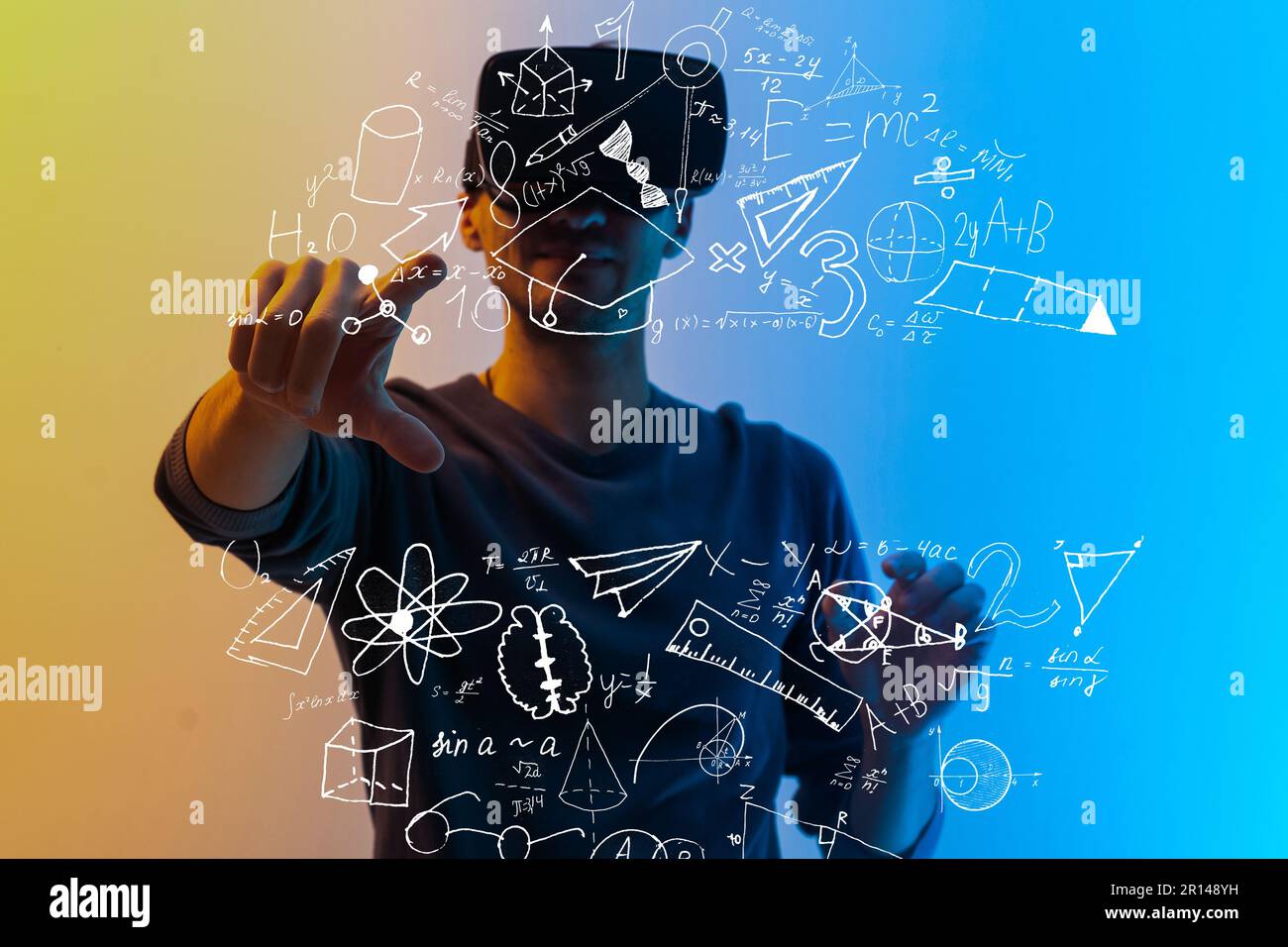 Student or teacher with mathematical and scientific formulas. Concepts ...