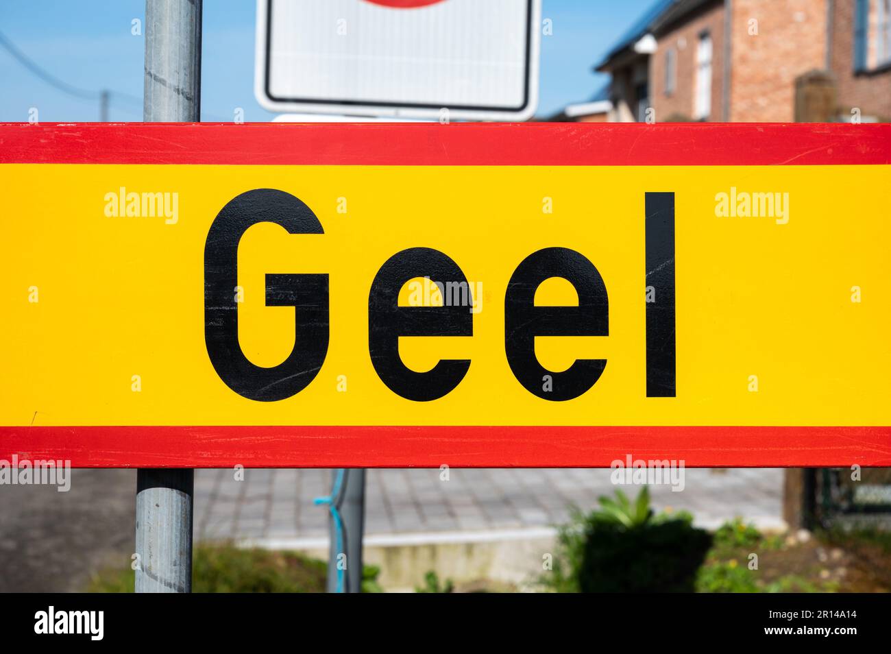 Geel, Flanders, Belgium - April 22, 2023 - Red and yellow sign of the ...