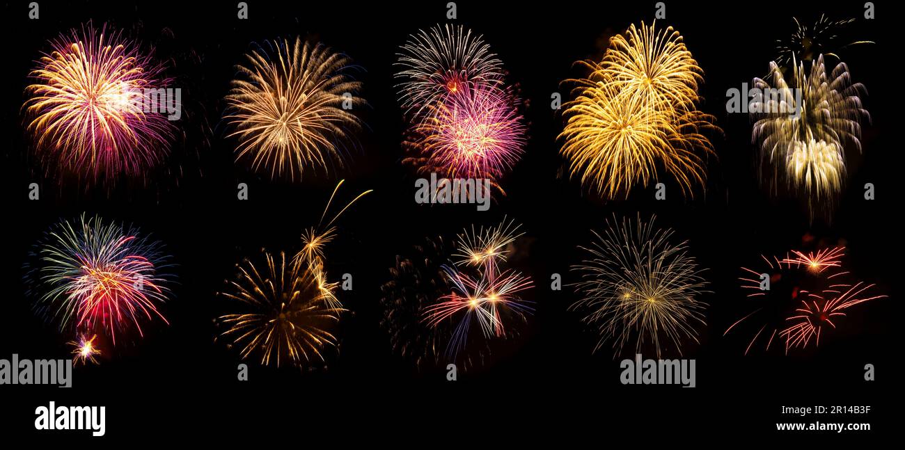 Set of freestanding and isolated fireworks on black background to use ...