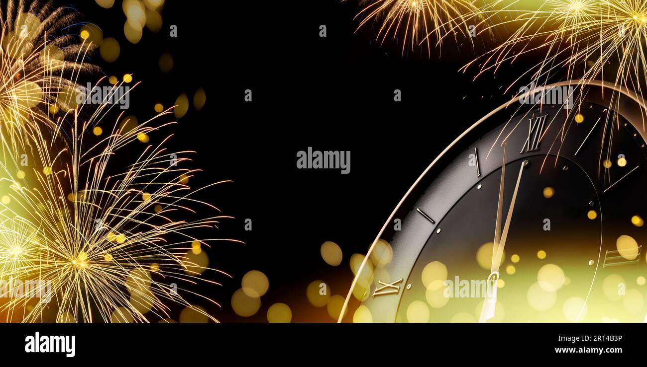 Elegant gold and black background with fireworks, flashes of light and ...