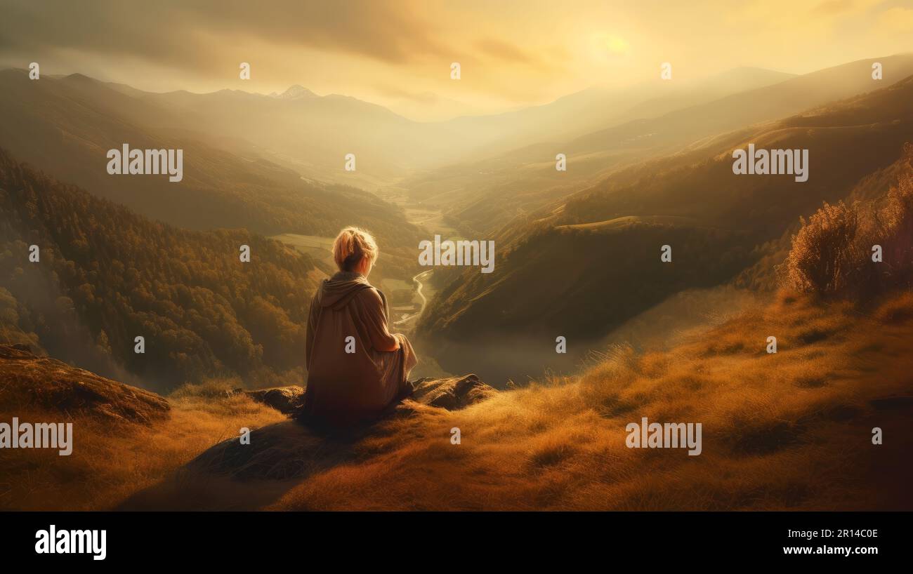 woman sits on the hill and looks down into the valley Stock Photo - Alamy