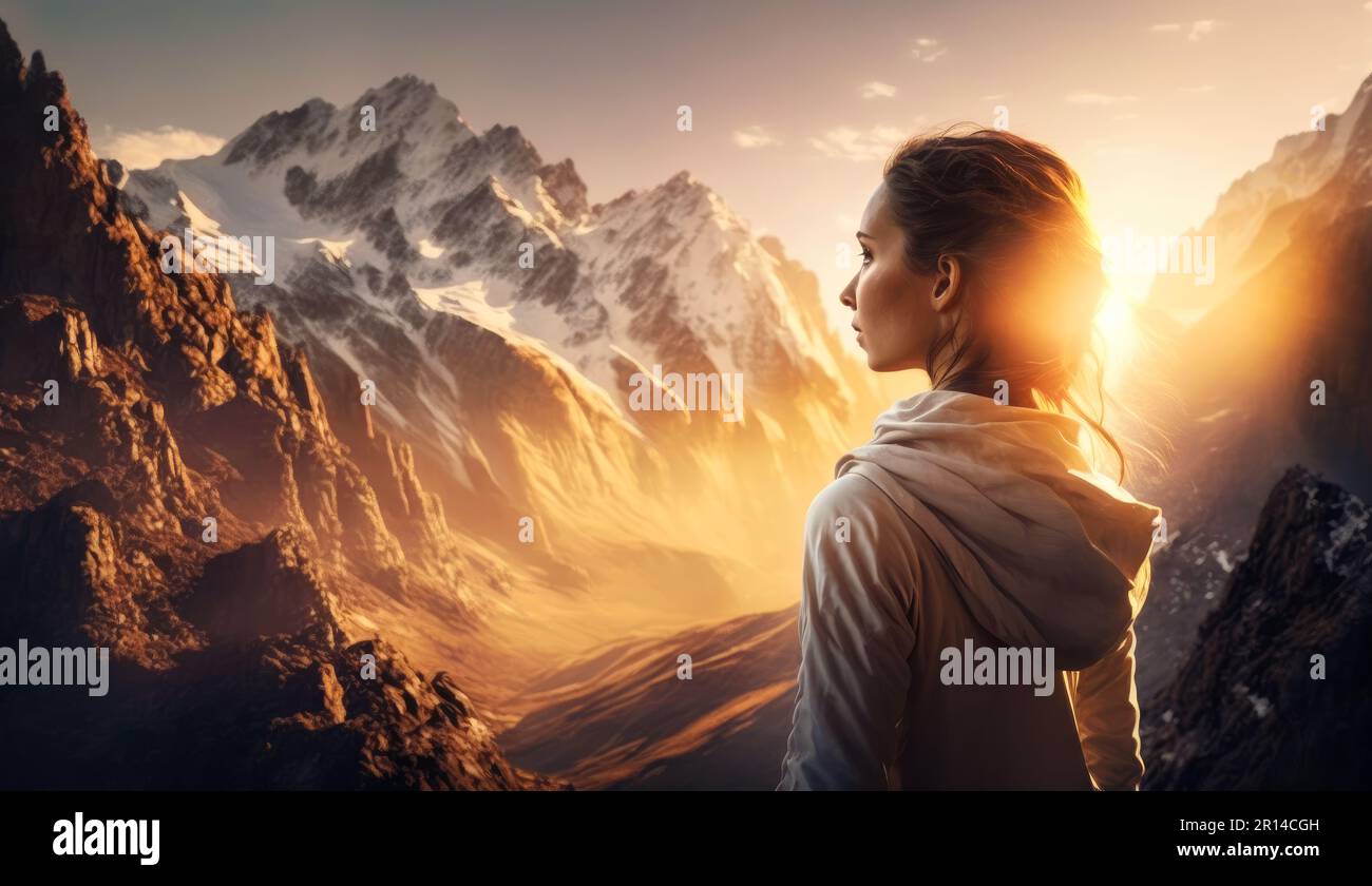 woman on the hill and looks down into the valley Stock Photo - Alamy