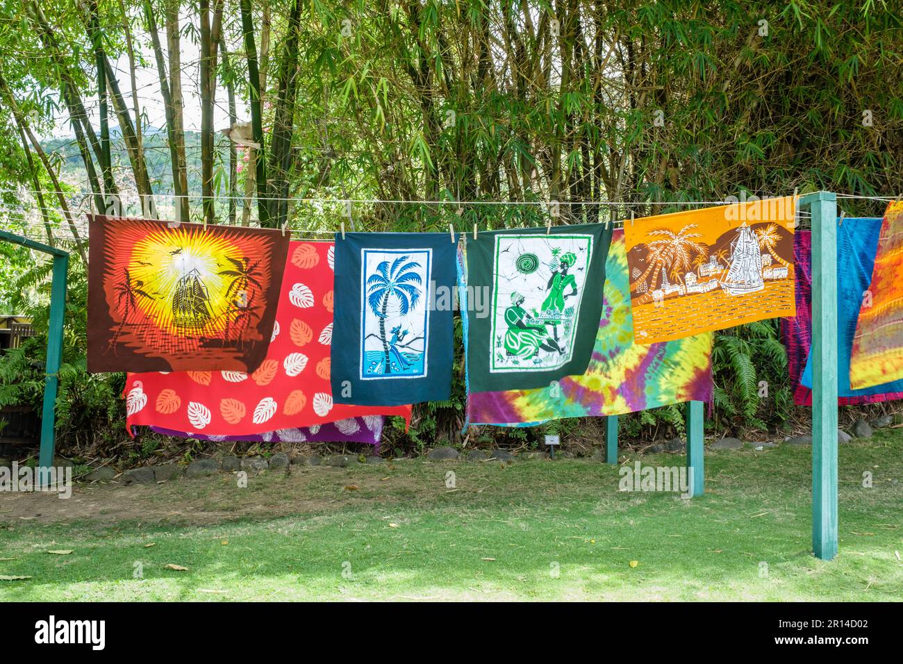 Caribelle Batik drying on a clothesline in St Kitts, West Indies Stock ...