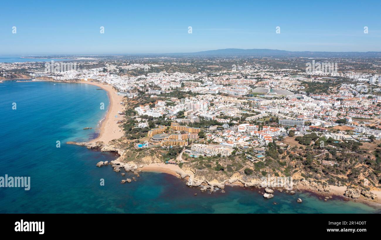 Aerial photo of the beautiful town in Albufeira in Portugal showing the ...