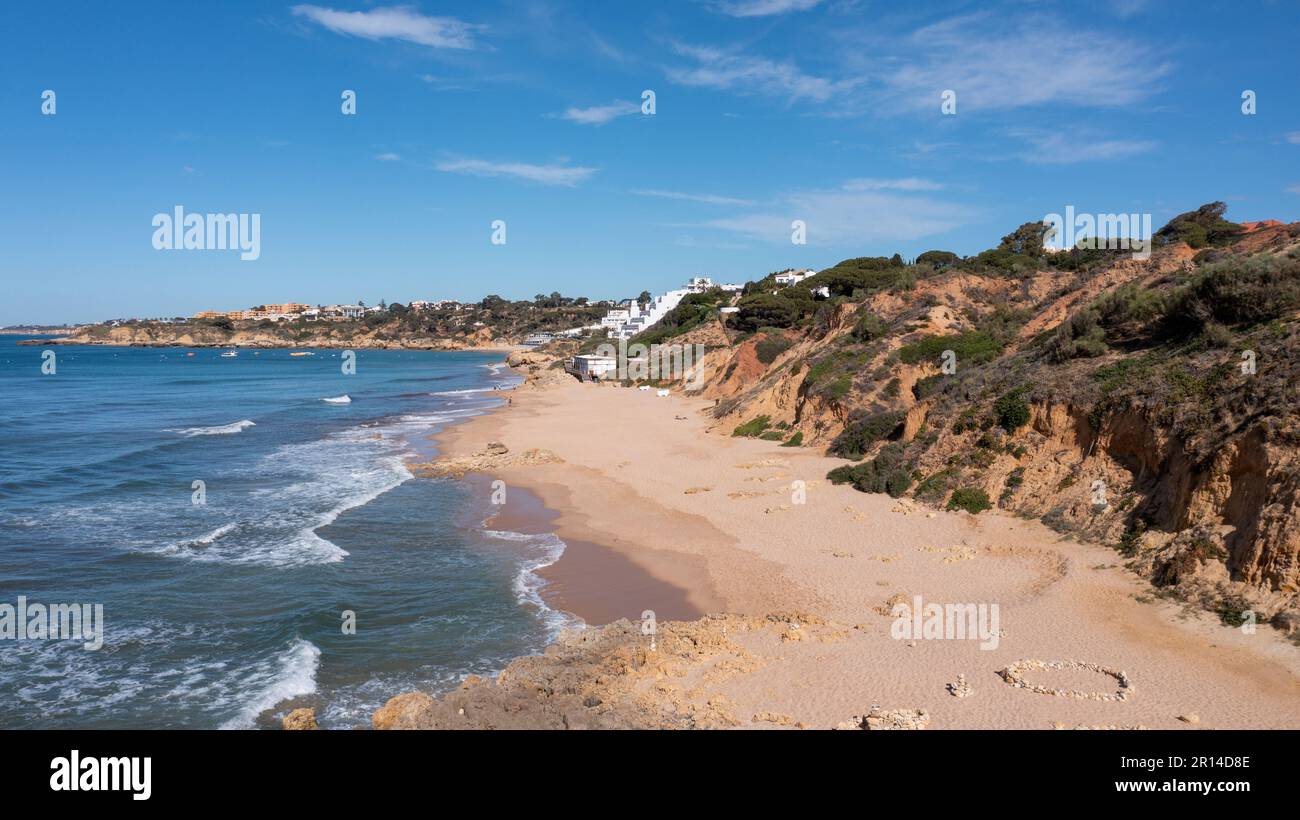Aerial photo of the beautiful beach in Albufeira in Portugal showing a ...