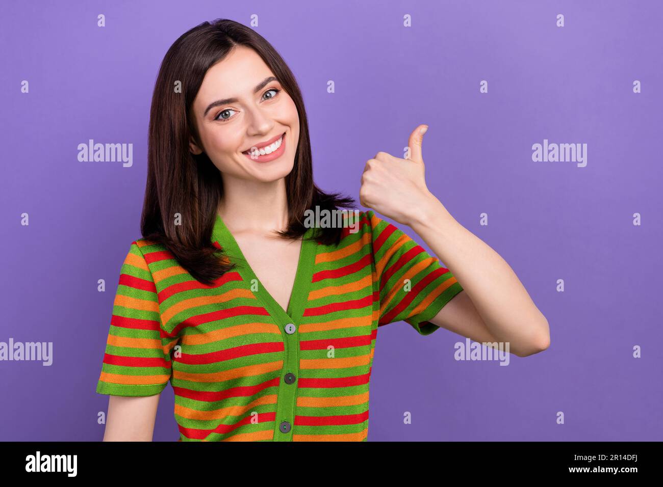Portrait of toothy beaming cute girl with stylish hairdo dressed ...