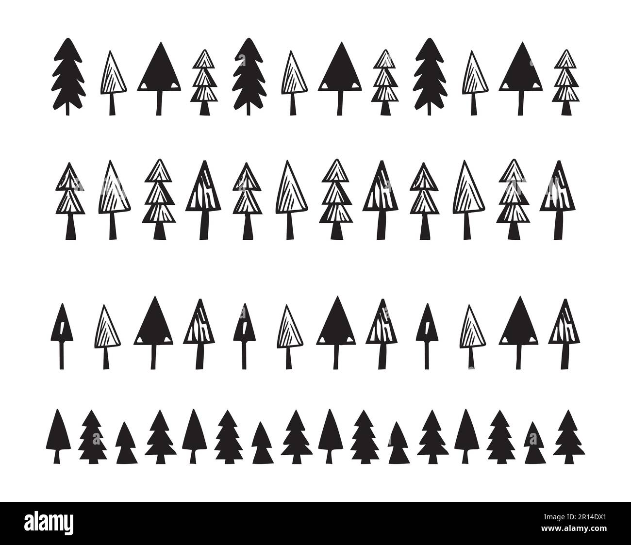 Set of quirky fir tree scandi linocut vector border. Washi tape design ...