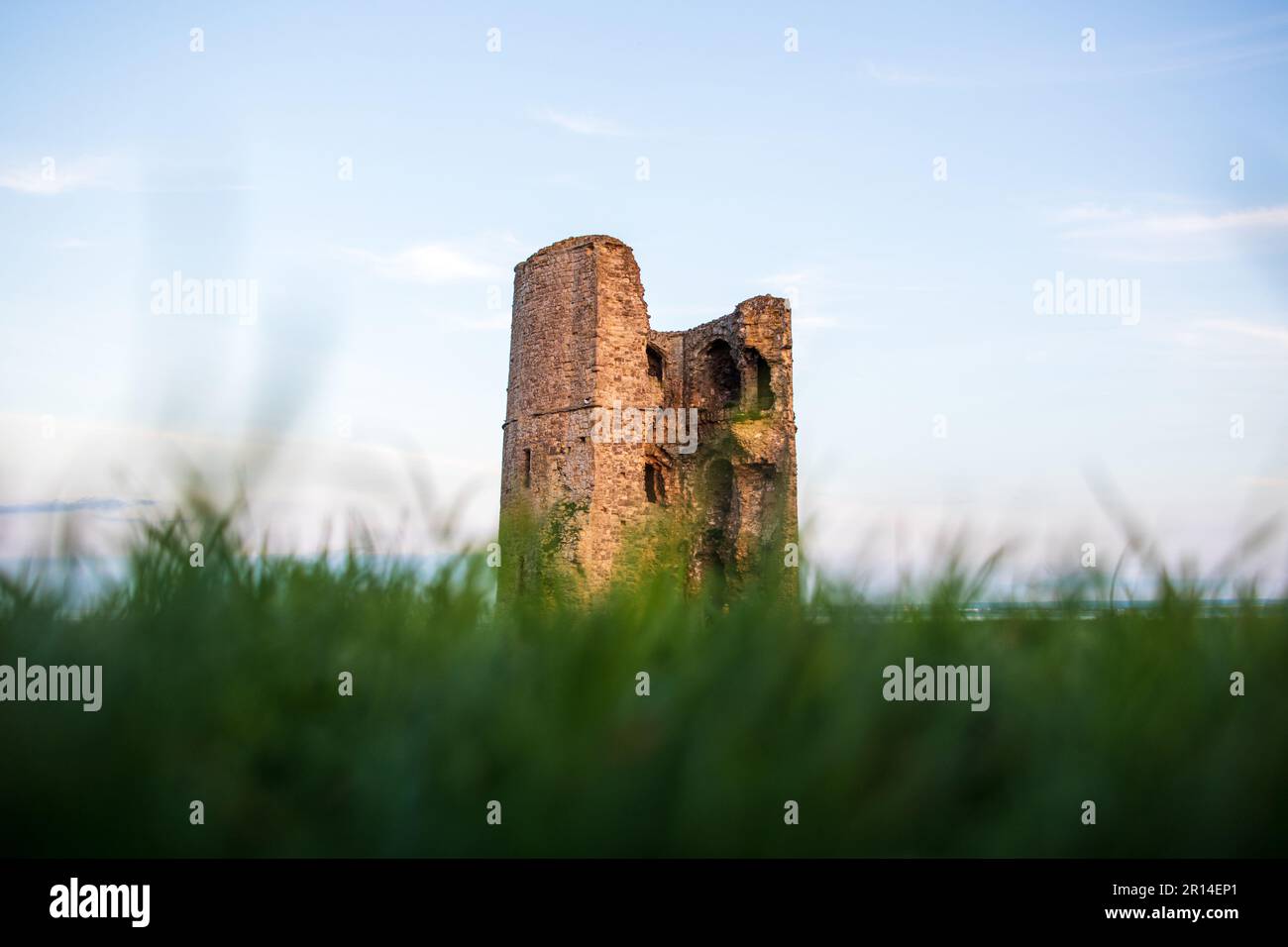 The Hadley Castle in a grassy meadow with blue sky in the background ...