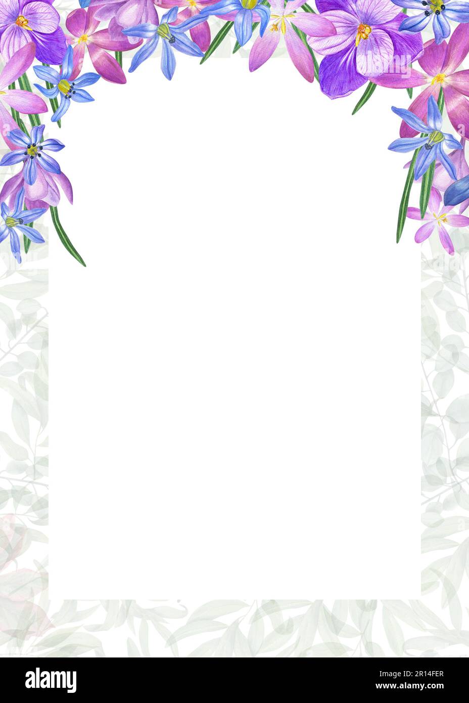 Watercolor vertical frame of crocus, scilla flowers isolated on ...
