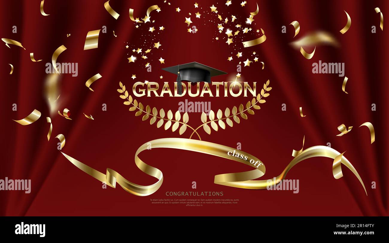 Graduation ceremony banner. Award concept with academic hat, golden ...