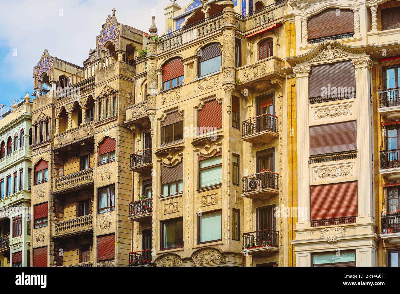 Facade of medieval buildings in the city center of San Sebastian Basque ...
