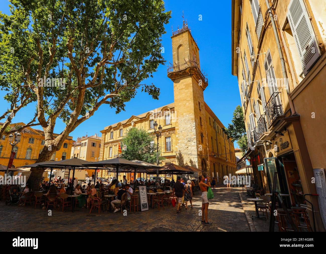 Aix-en-Provence, France - May 09, 2017. Square with restaurant terrace ...