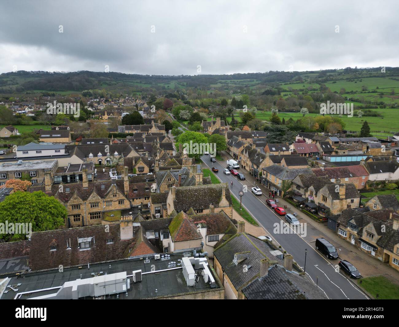High street Broadway large village Worcestershire UK drone , aerial ...