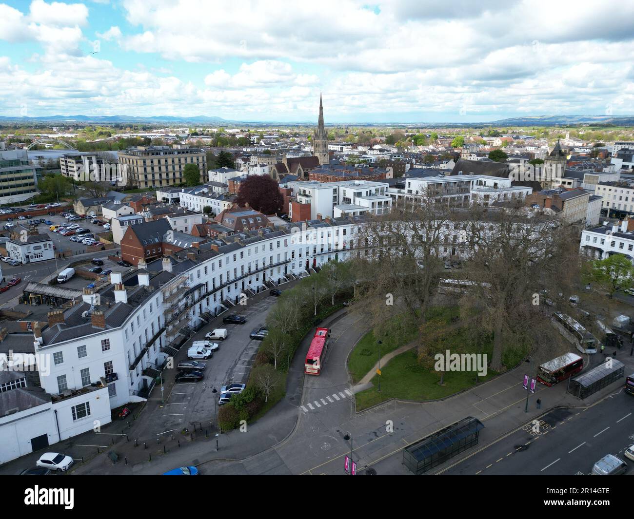 The royal crescent Cheltenham town Gloucestershire UK drone aerial view ...