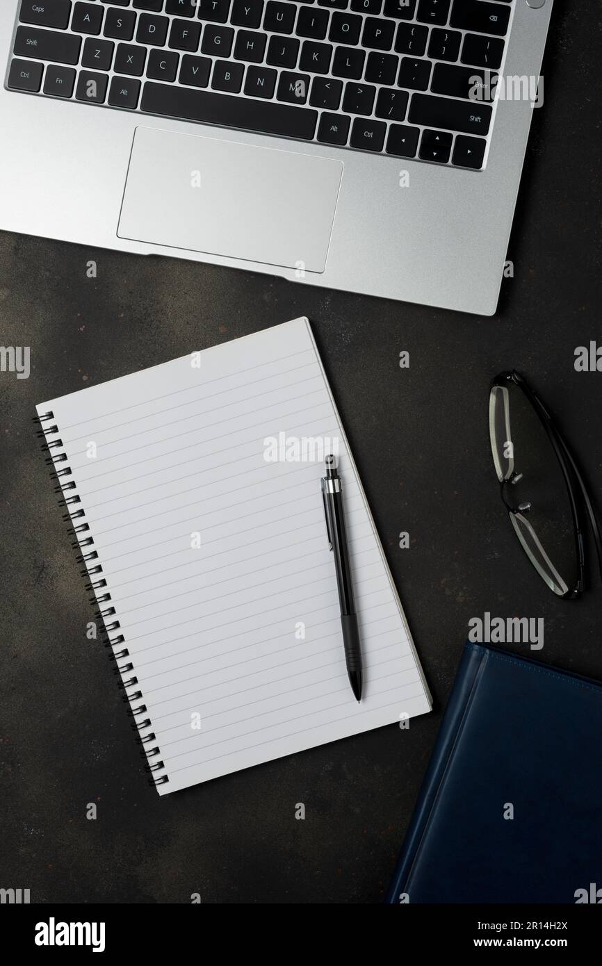 Flat lay, top view office table desk. Workspace with blank notebook ...