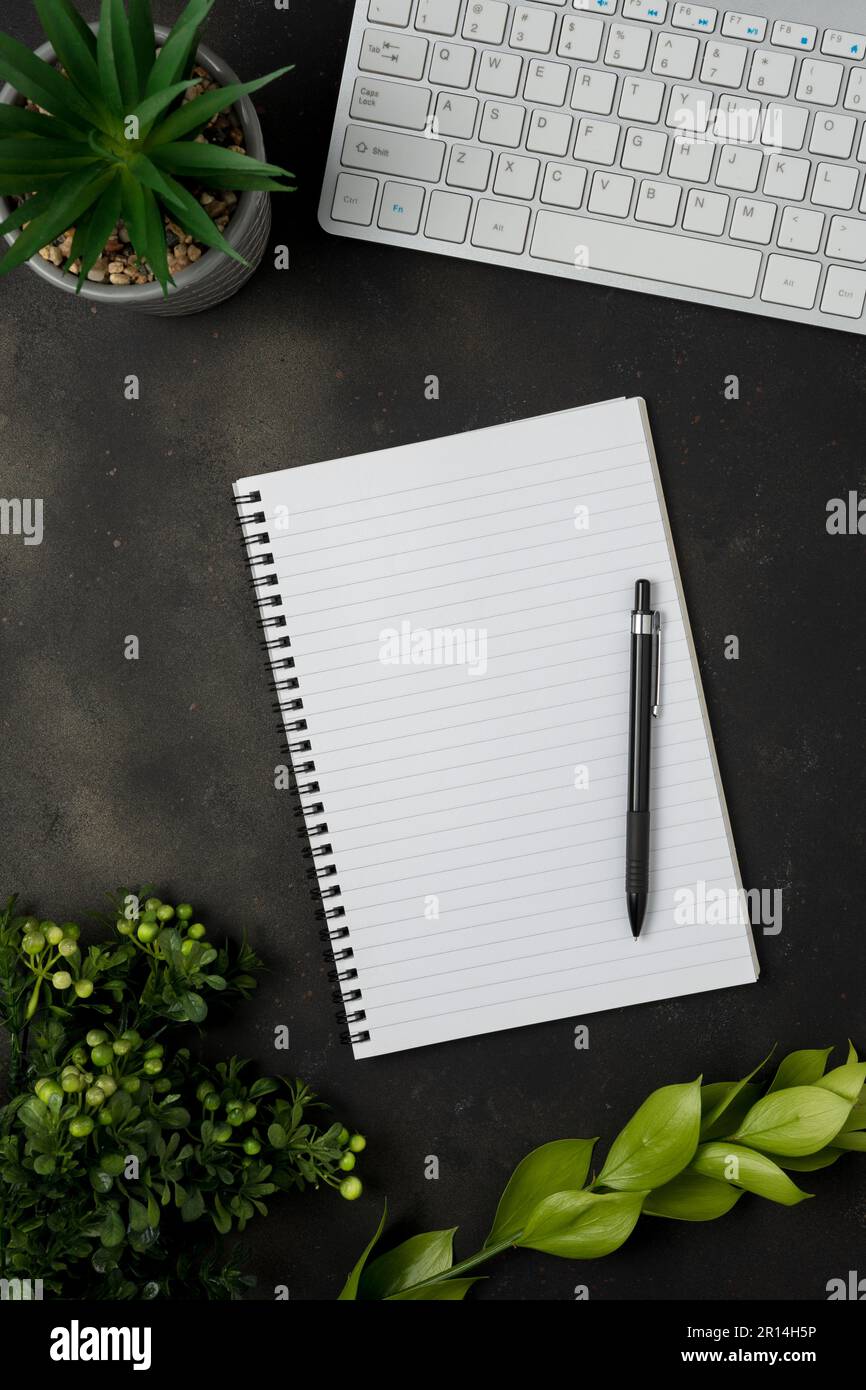 Flat lay, top view office table desk. Workspace with blank notebook ...