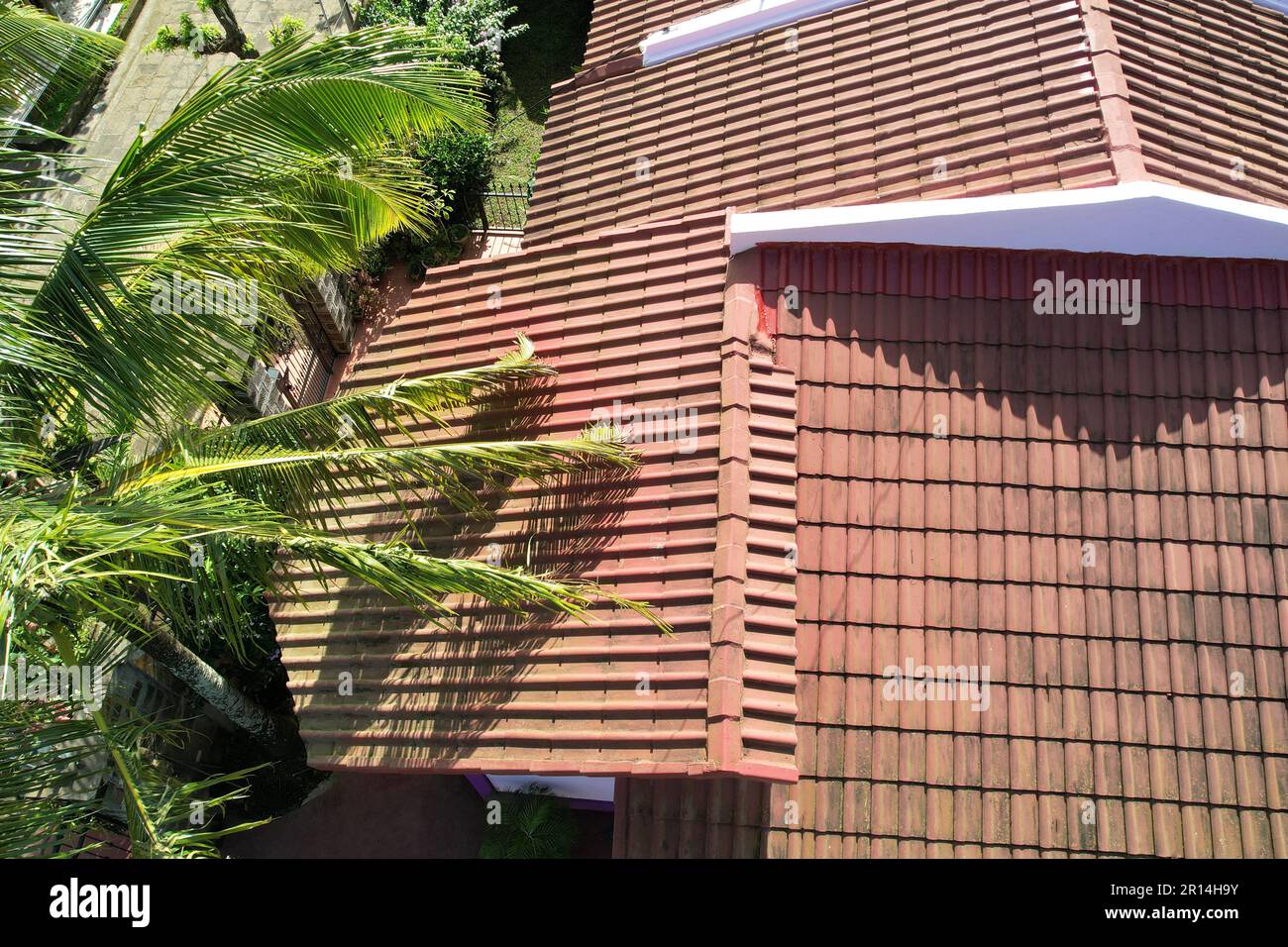 Red roof tiles construction theme in residential area above drone top ...