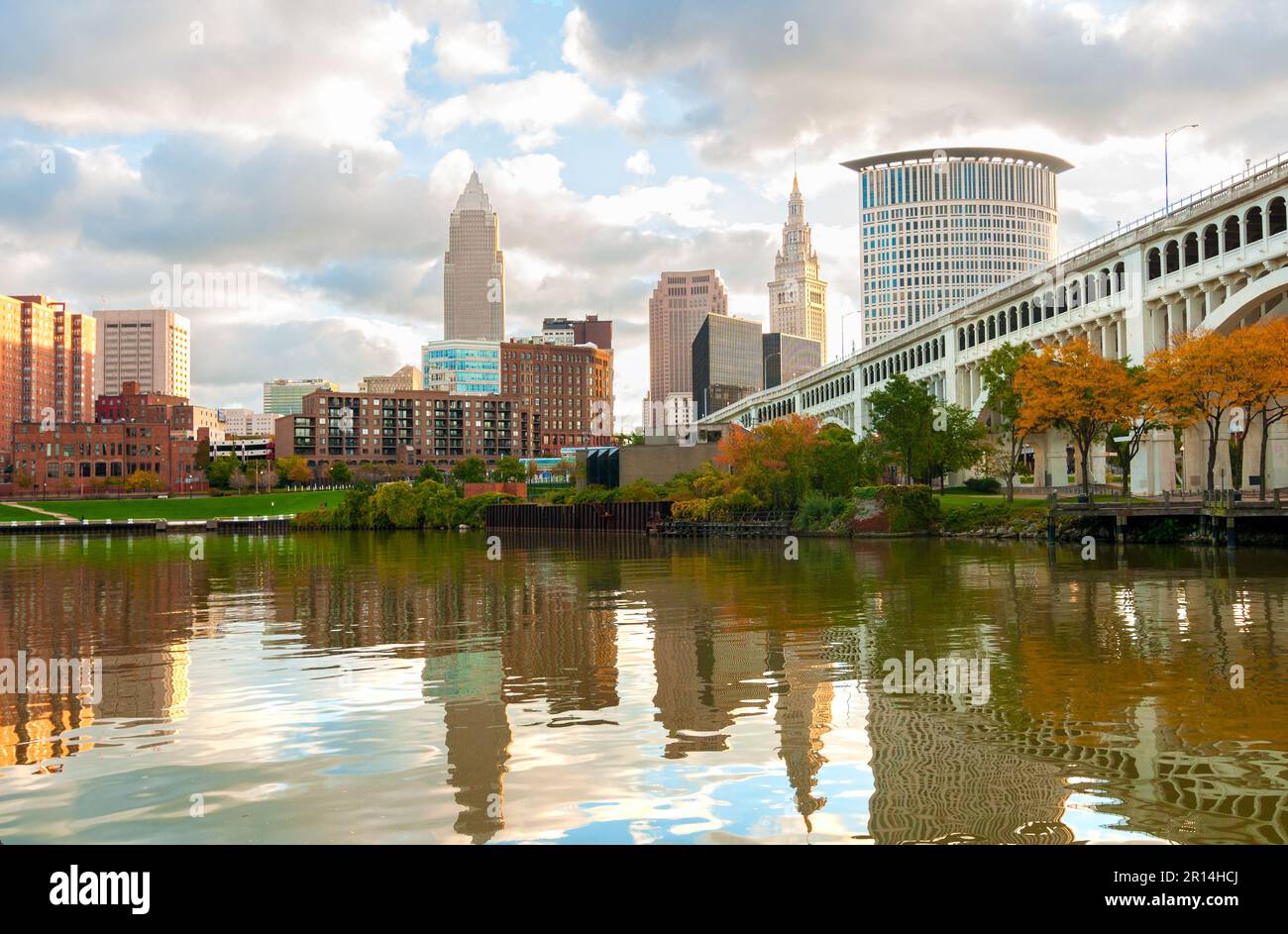 Downtown Cleveland Ohio rises above the Cuyahoga River at Heritage Park ...