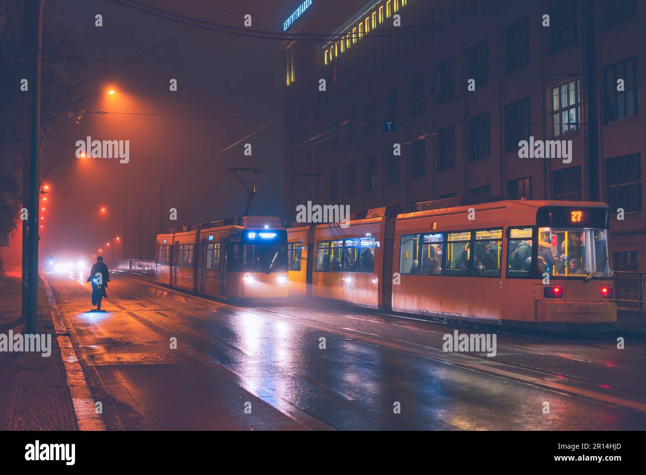 berlin tram in fog, tram in foggy wet weather, blurry Stock Photo - Alamy