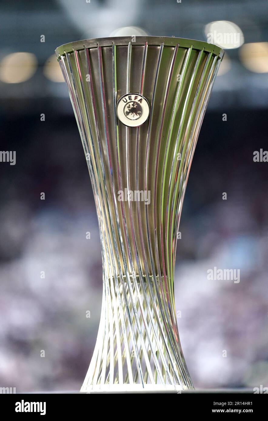 The UEFA Europa Conference League trophy on display ahead of the Europa ...