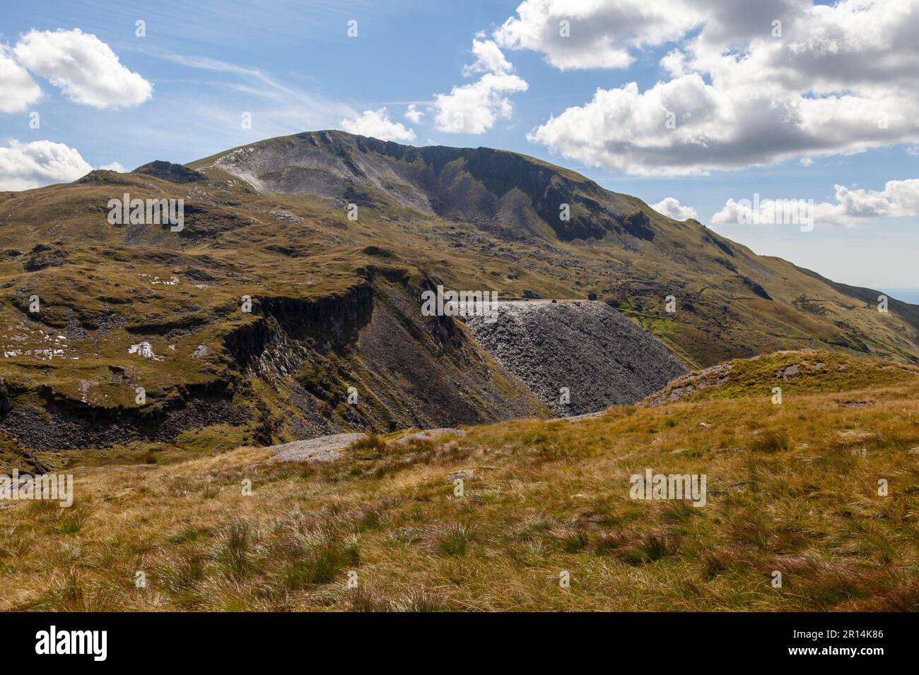 The summit of Moelwyn Mawr with Croesor Slate Quarry and its waste tip ...