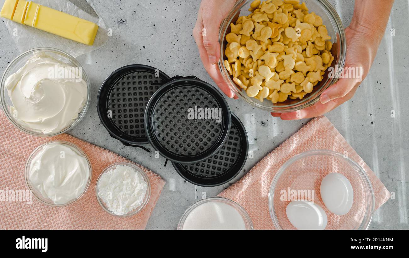Cheesecake recipe. Ingredients close-up on the kitchen table. Cream ...