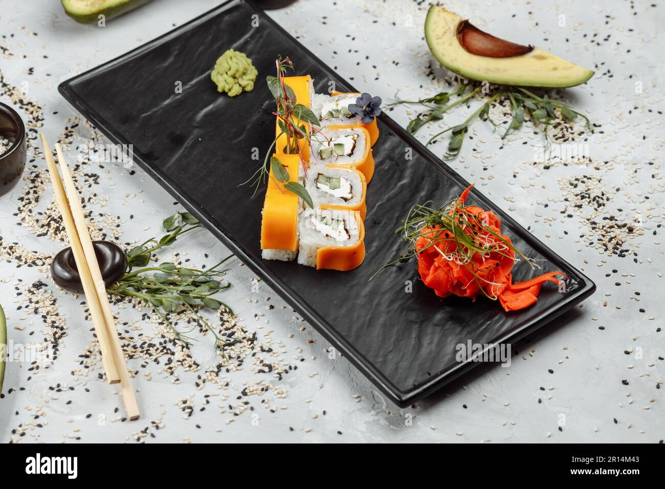 Rainbow Sushi Roll with salmon, eel, tuna, avocado, royal prawn, cream ...