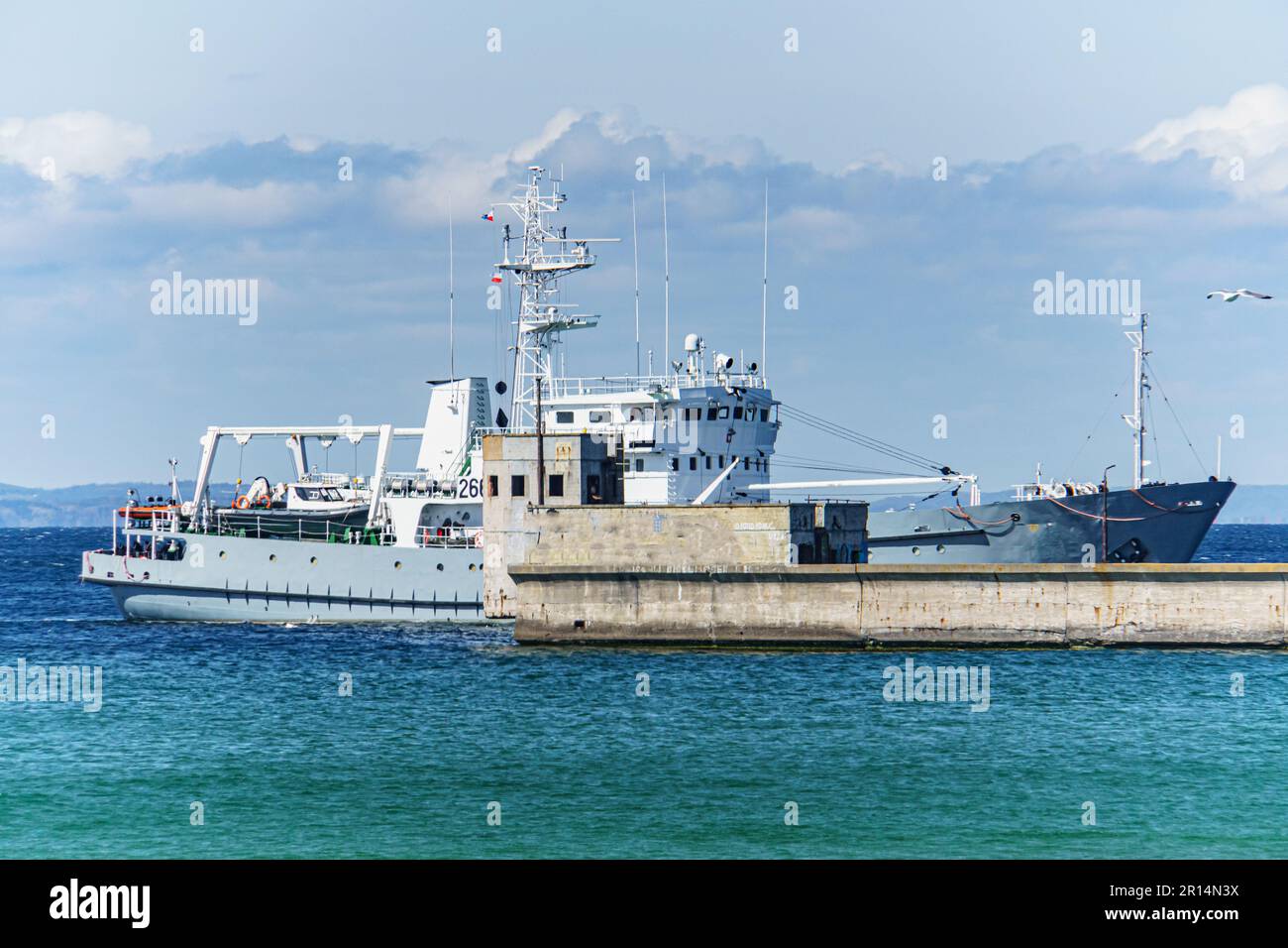 a military research science ship entering seaport in Hel, Hel peninsula ...