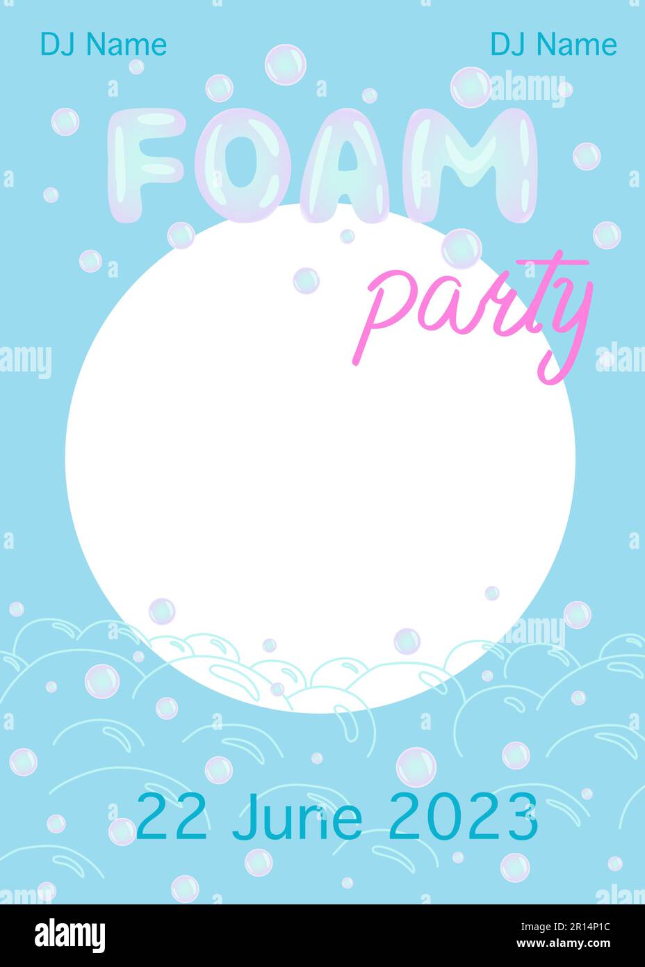 Foam party flayer, poster or invitation template, soap bubble in neon ...