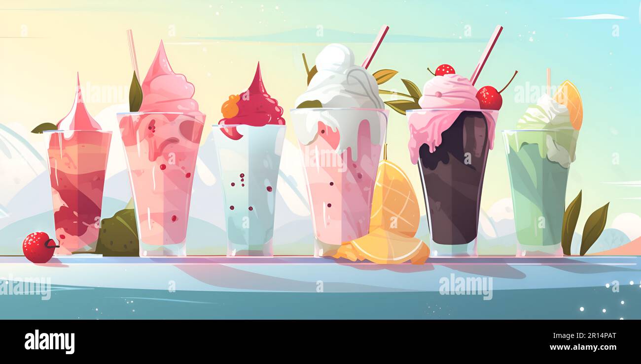 Dessert collection of sweet drinks. A set of cocktails and ice cream ...