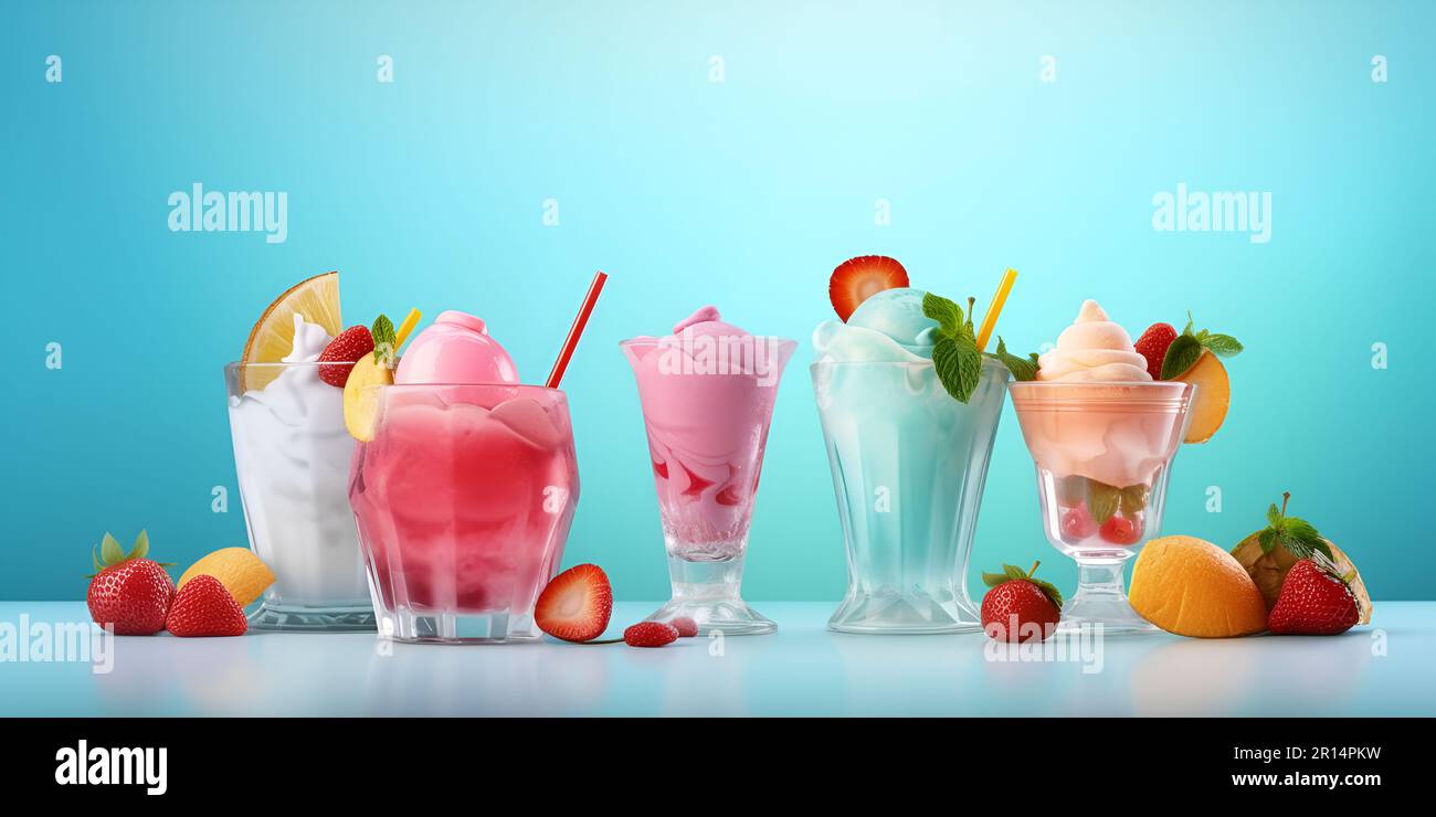 Dessert collection of sweet drinks. A set of cocktails and ice cream ...