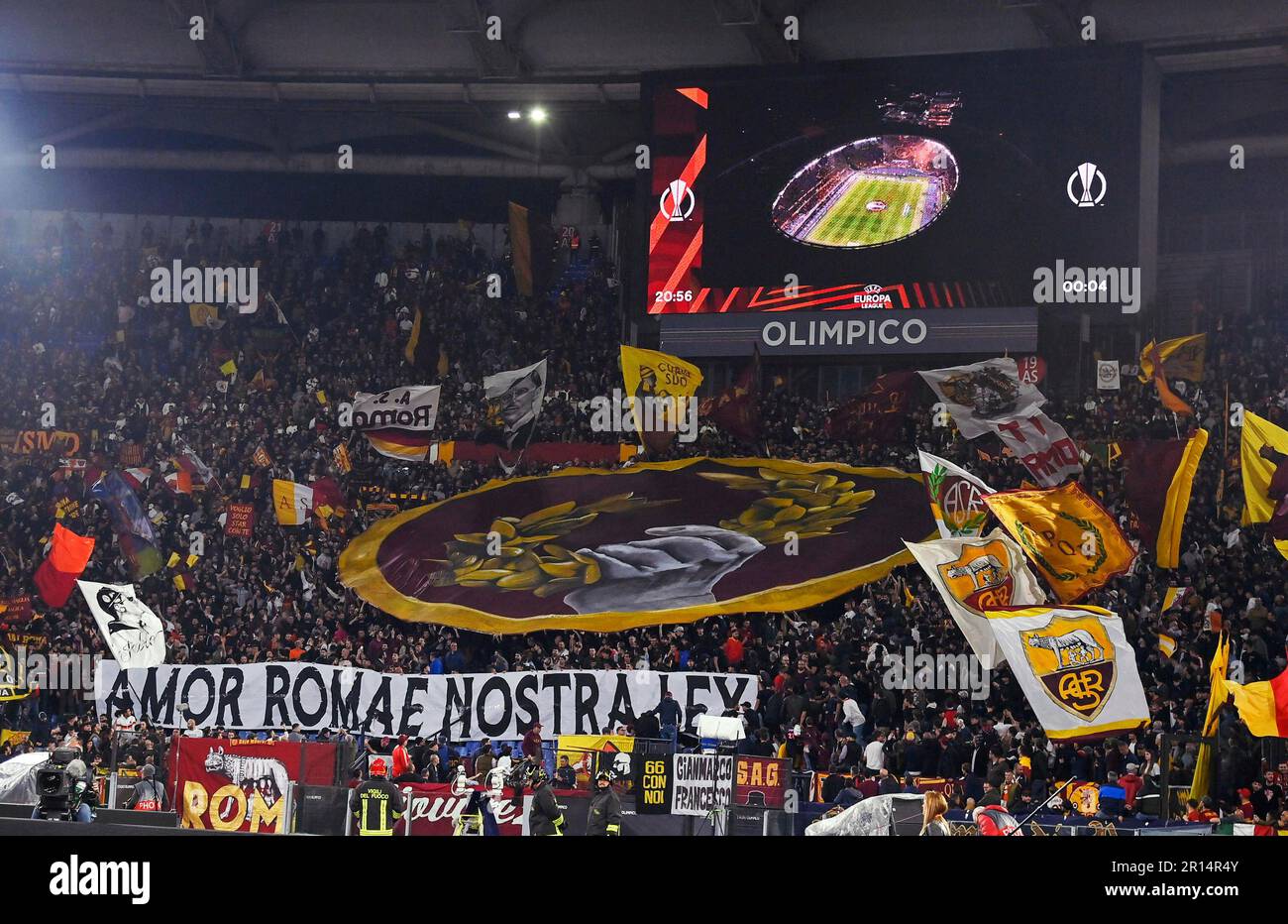 Rome: May 11, 2023, The choreography by supporters of Roma during the ...