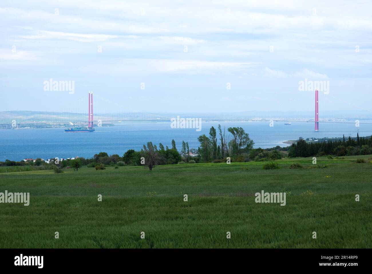 Wide angle of 1915 Çanakkale Bridge and sea background view. Open space ...
