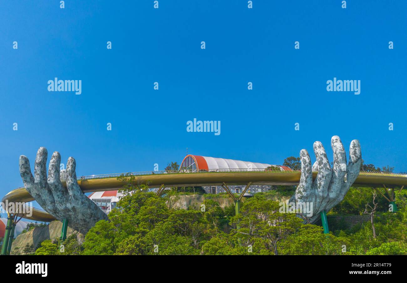 Aerial view of the Golden Bridge in Ba Na hills, Da Nang, Vietnam ...